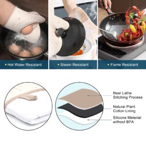 Silicone Oven Mitts and Pot Holders Sets, Heat Resistant Extra Long Silicone Oven Mittens with Hot Pads, Double Layer High Temperature Resistant Hot Pads and Oven Mitts Sets for Cooking, Grilling-Beig