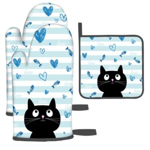 cat oven mitts and pot holder, cat heat resistant gloves hot pads for kitchen cooking baking grilling barbecue cotton oven mitts