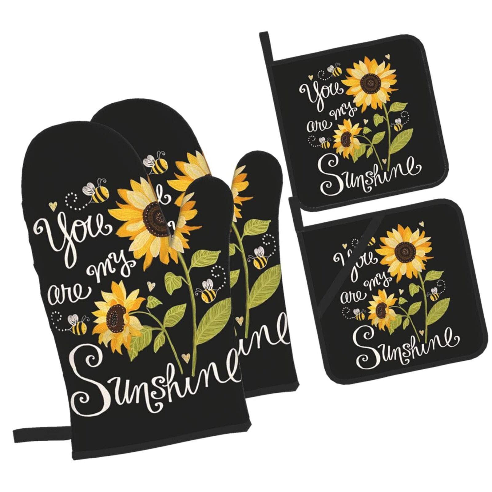 Sunflower You are My Sunshine 4Pcs Oven Mitts and Pot Holders Sets,Heat Resistant Non Slip Kitchen Gloves Hot Pads with Inner Cotton Layer for Cooking BBQ Baking Grilling