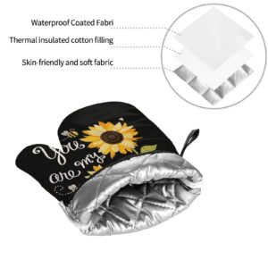 Sunflower You are My Sunshine 4Pcs Oven Mitts and Pot Holders Sets,Heat Resistant Non Slip Kitchen Gloves Hot Pads with Inner Cotton Layer for Cooking BBQ Baking Grilling