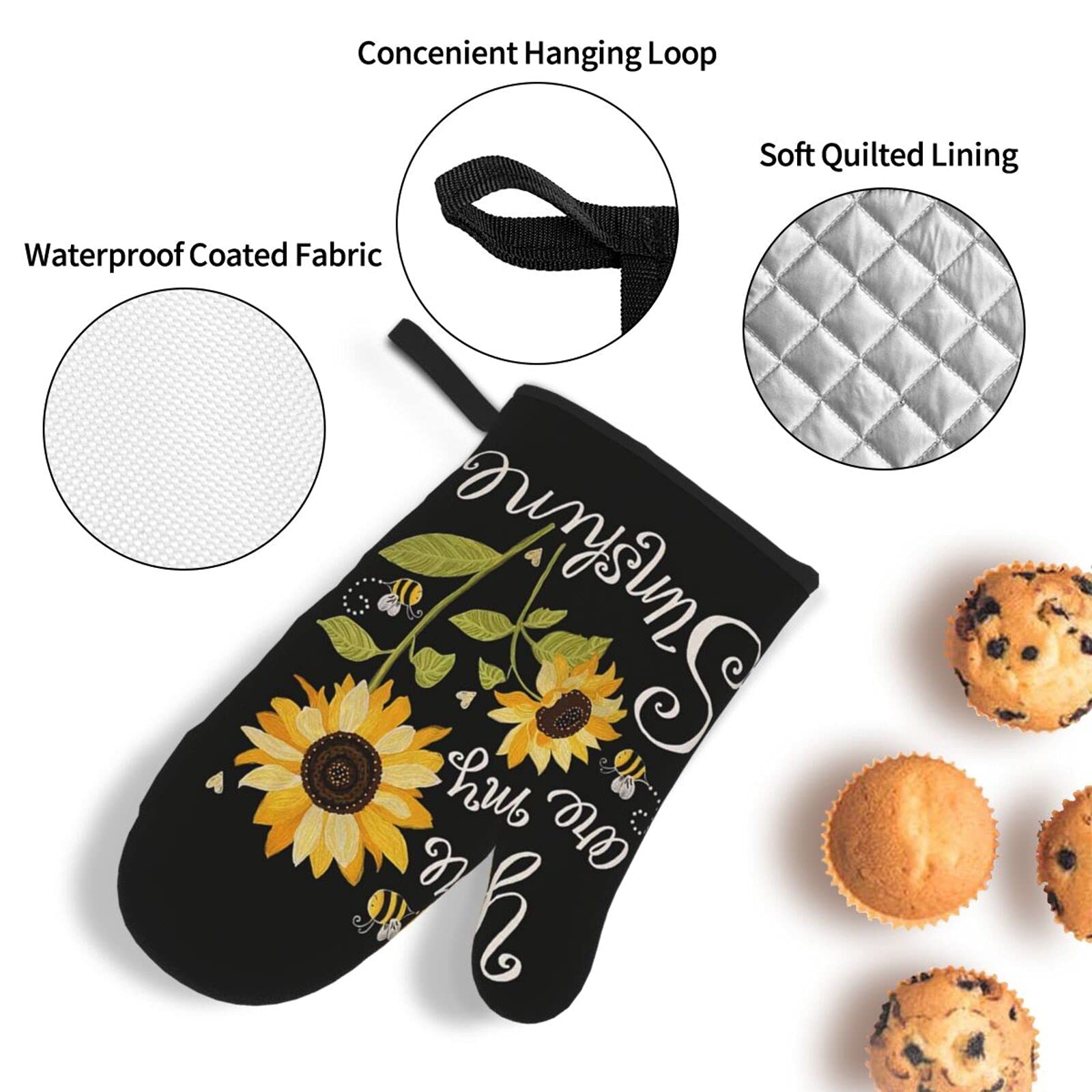 Sunflower You are My Sunshine 4Pcs Oven Mitts and Pot Holders Sets,Heat Resistant Non Slip Kitchen Gloves Hot Pads with Inner Cotton Layer for Cooking BBQ Baking Grilling