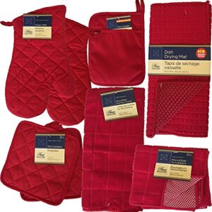 this (red) kitchen starter set has oven mitts, pot holders, kitchen towels, micro-scrubber dish cloths, a drying mat, a refrigerator magnet filled with kitchen safety tips and more.