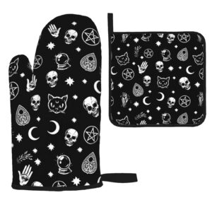 skull cat moon gothic oven mitts and pot holders sets,heat resistant non slip kitchen gloves hot pads with inner cotton layer for cooking bbq baking grilling