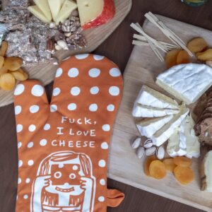 Blue Q Oven Mitt, Fuck, I Love Cheese. Super-Insulated Quilting, Natural-Fitting Shape, 100% Cotton, Orange, 12.5" h x 7.5" w