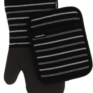 Cuisinart Neoprene Oven Mitts and Potholder Set -Heat Resistant Oven Gloves to Protect Hands and Surfaces with Non-Slip Grip, Hanging Loop-Ideal for Handling Hot Cookware Items, Twill Stripe Jet Black