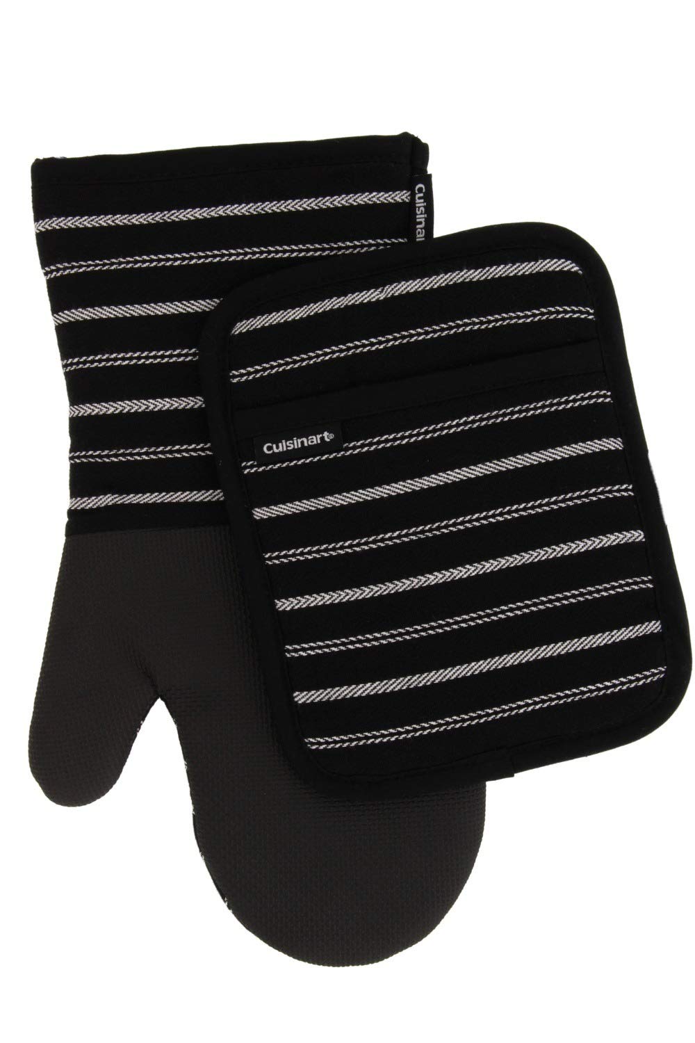 Cuisinart Neoprene Oven Mitts and Potholder Set -Heat Resistant Oven Gloves to Protect Hands and Surfaces with Non-Slip Grip, Hanging Loop-Ideal for Handling Hot Cookware Items, Twill Stripe Jet Black