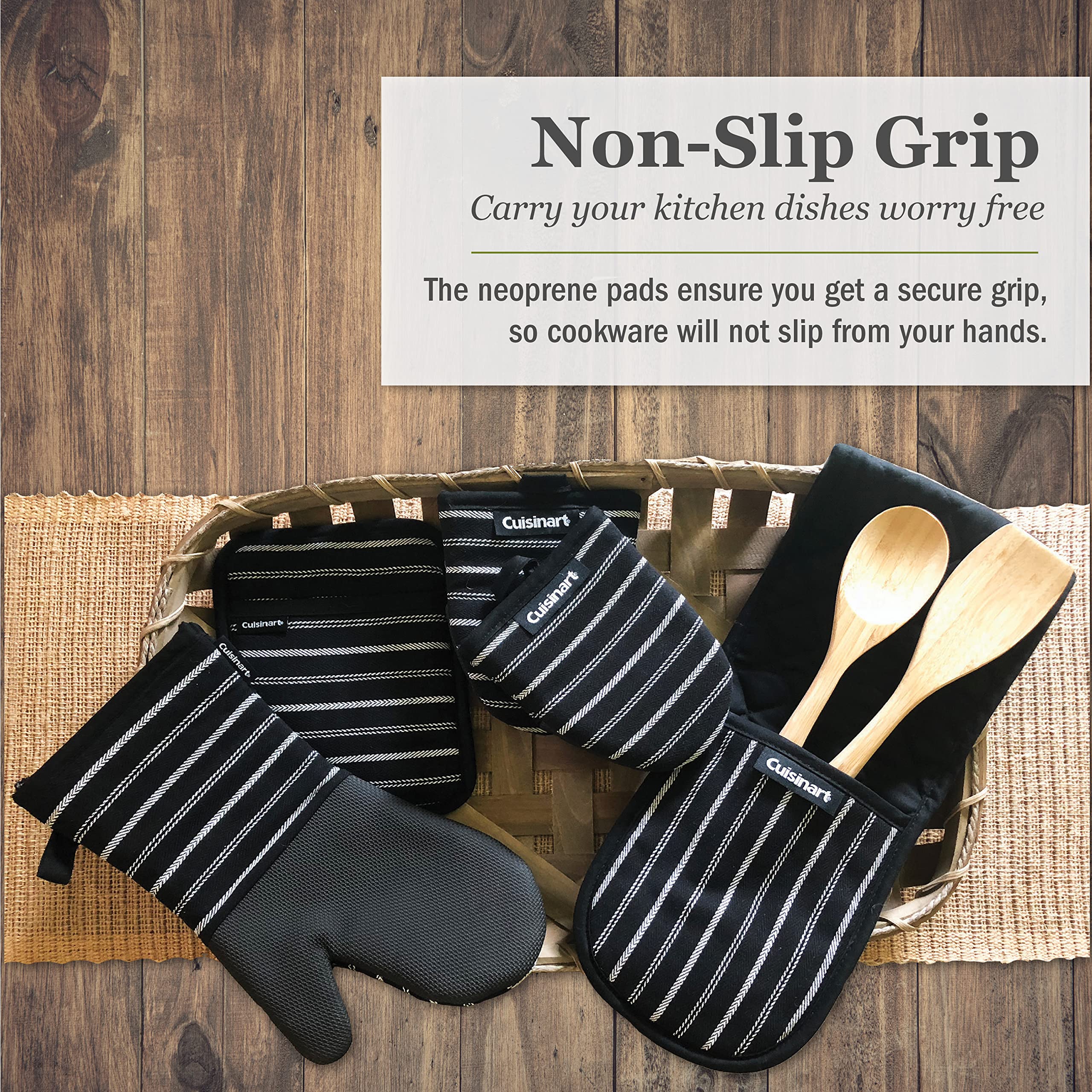 Cuisinart Neoprene Oven Mitts and Potholder Set -Heat Resistant Oven Gloves to Protect Hands and Surfaces with Non-Slip Grip, Hanging Loop-Ideal for Handling Hot Cookware Items, Twill Stripe Jet Black