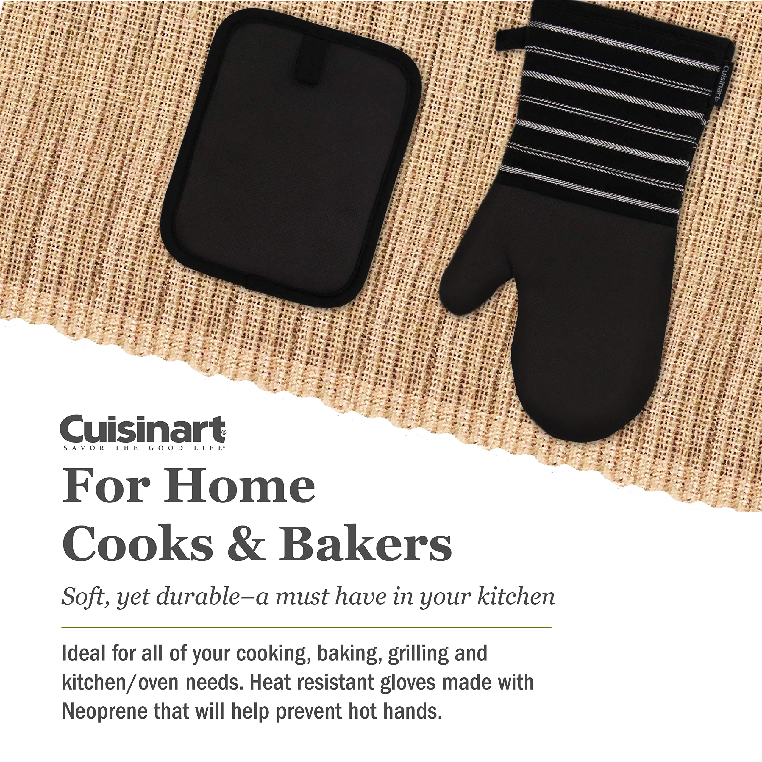 Cuisinart Neoprene Oven Mitts and Potholder Set -Heat Resistant Oven Gloves to Protect Hands and Surfaces with Non-Slip Grip, Hanging Loop-Ideal for Handling Hot Cookware Items, Twill Stripe Jet Black