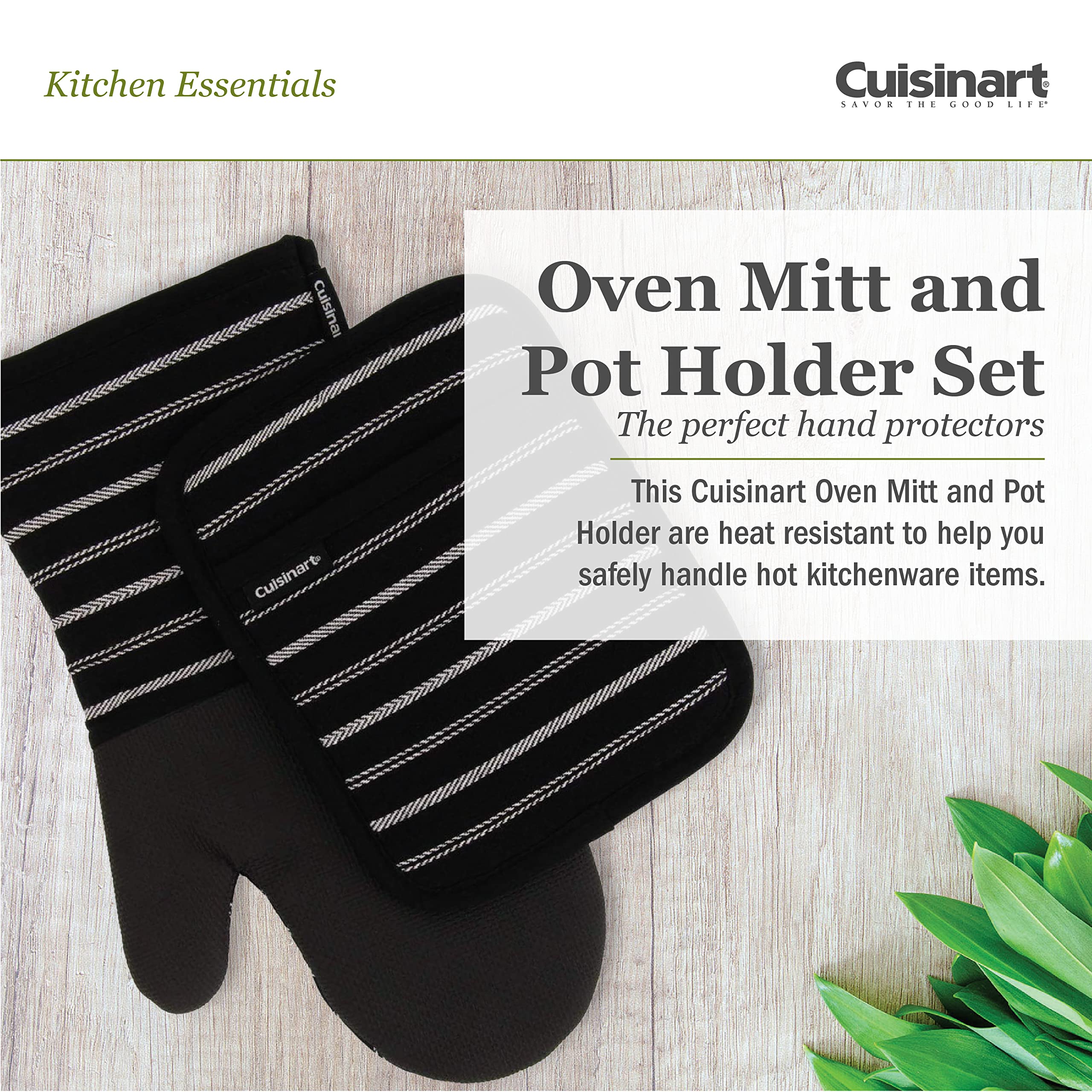 Cuisinart Neoprene Oven Mitts and Potholder Set -Heat Resistant Oven Gloves to Protect Hands and Surfaces with Non-Slip Grip, Hanging Loop-Ideal for Handling Hot Cookware Items, Twill Stripe Jet Black