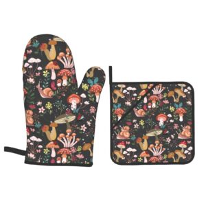 Mushrooms Snails Butterflies Oven Mitts and Potholders Professional Heat Resistant Cotton Oven Mitts Kitchen Gloves 4 Piece Set