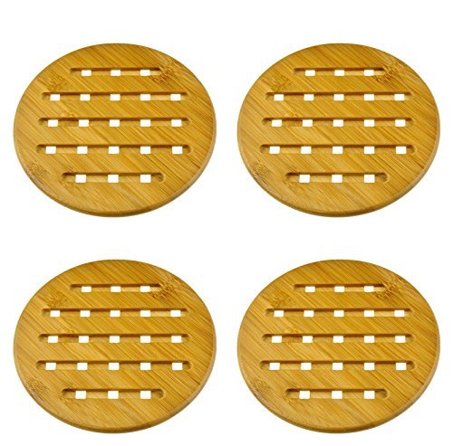 Weikai 11, Set of 4, Solid Bamboo Wood Trivets with Non-Slip Pads for Hot Dishes and Pot (7" Round)