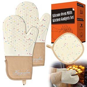 haoyufan silicone oven mitts and pot holders sets, double layer high temperature resistant hot pads and oven mitts, cotton lined pot holders and oven mitts sets for cooking, grilling etc, beige 3 pcs