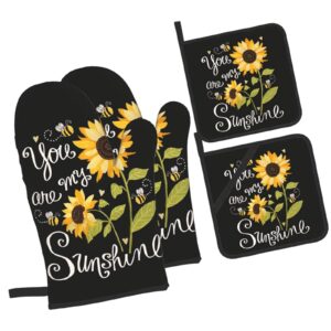 sunflower 4pcs oven mitts and pot holders sets,you are my sunshine heat resistant kitchen oven glove potholder hot pads for cooking bbq baking grilling