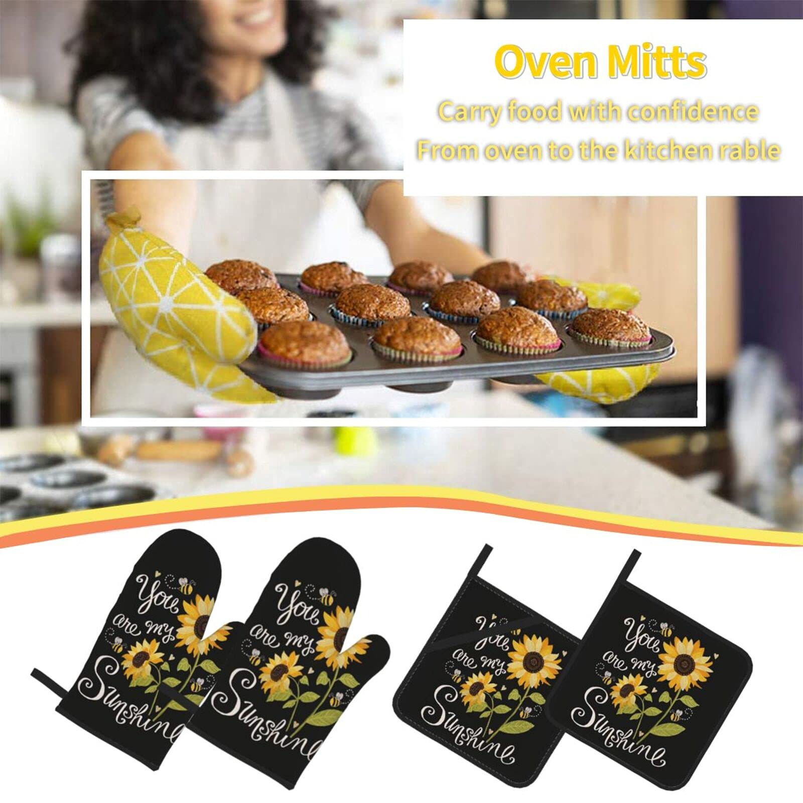 Sunflower 4pcs Oven Mitts and Pot Holders Sets,You are My Sunshine Heat Resistant Kitchen Oven Glove Potholder Hot Pads for Cooking BBQ Baking Grilling