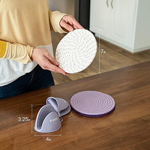 Lavender Potholders Set Trivet Set - Lavender Kitchen Accessories - 100% Cotton Hot Pads 7 Inches Diameter - Silicone Mitts for Hot Pots and Pans - Ideal for Cooking and Baking