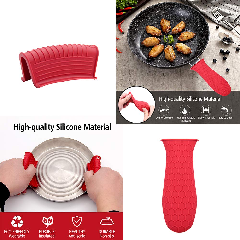 Cast Iron Skillet Handle Covers Silicone Hot Handle Holder，4 Pieces Pan Handle Sleeve Pot Holders Cover,Non Slip Rubber Pot Holders for Cast Iron Skillet Metal Pan (Red)