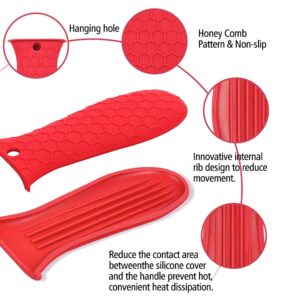 Cast Iron Skillet Handle Covers Silicone Hot Handle Holder，4 Pieces Pan Handle Sleeve Pot Holders Cover,Non Slip Rubber Pot Holders for Cast Iron Skillet Metal Pan (Red)