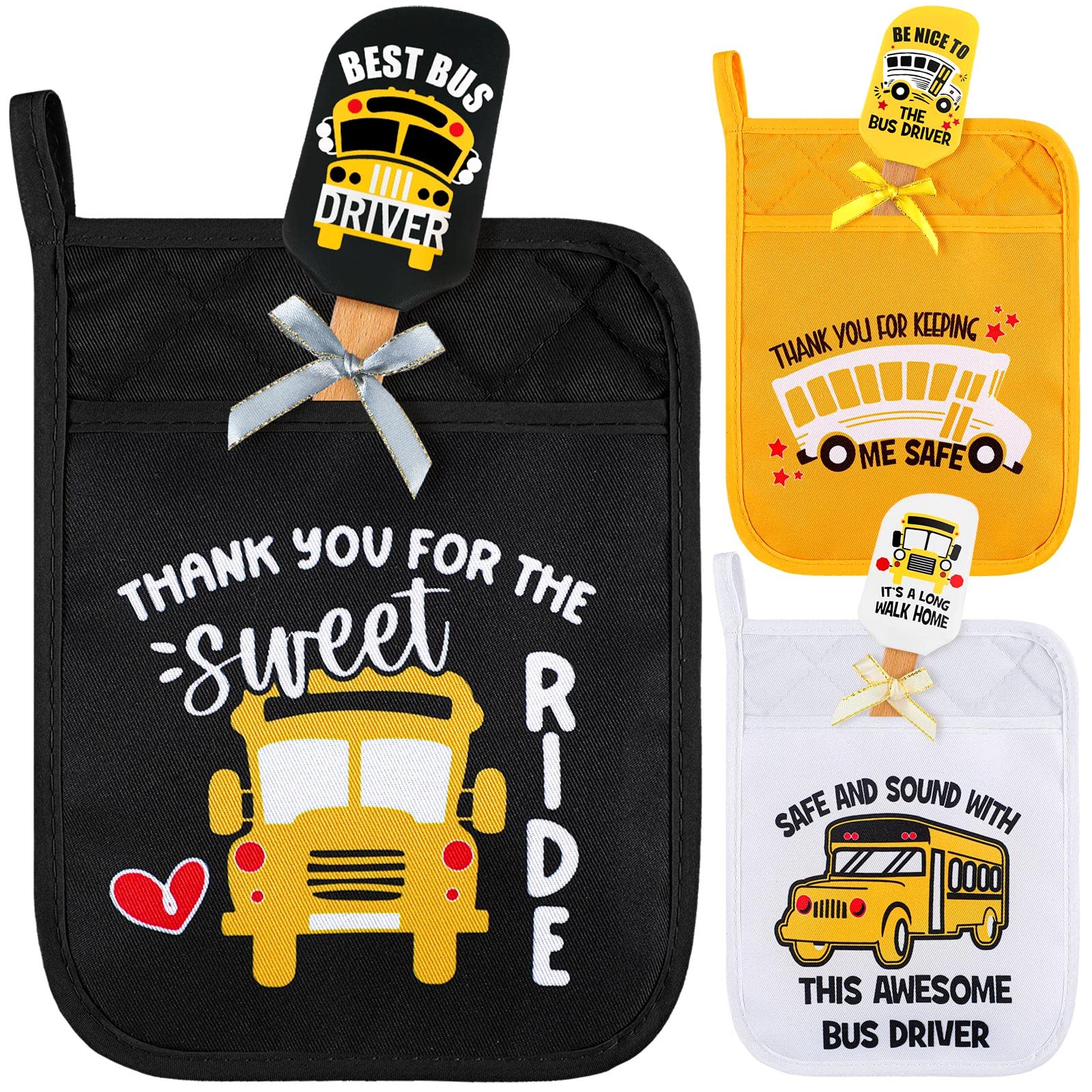 Rtteri 6 Pcs Bus Driver Appreciation Gifts Pot Holder Baking Kit and Silicone Spatula for School Bus Driver Gifts Teacher Appreciation Present Thanks for The Sweet Ride