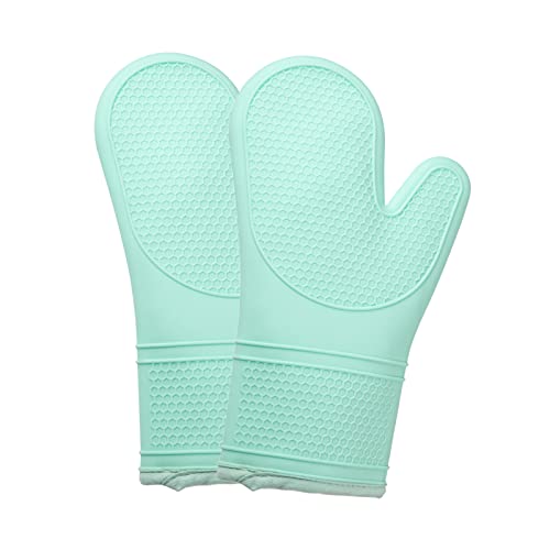 COOK WITH COLOR Silicone Oven Mitts- Heat Resistant Gloves with Soft Quilted Lining Set of 2 Oven Mitt Pot Holders for Cooking and BBQ (Mint)