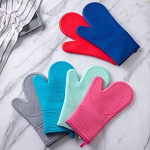 COOK WITH COLOR Silicone Oven Mitts- Heat Resistant Gloves with Soft Quilted Lining Set of 2 Oven Mitt Pot Holders for Cooking and BBQ (Mint)