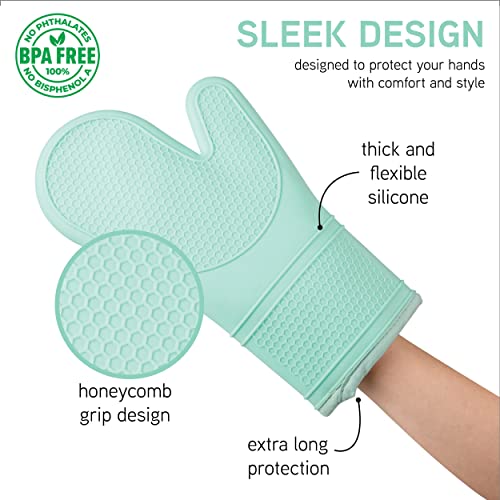 COOK WITH COLOR Silicone Oven Mitts- Heat Resistant Gloves with Soft Quilted Lining Set of 2 Oven Mitt Pot Holders for Cooking and BBQ (Mint)