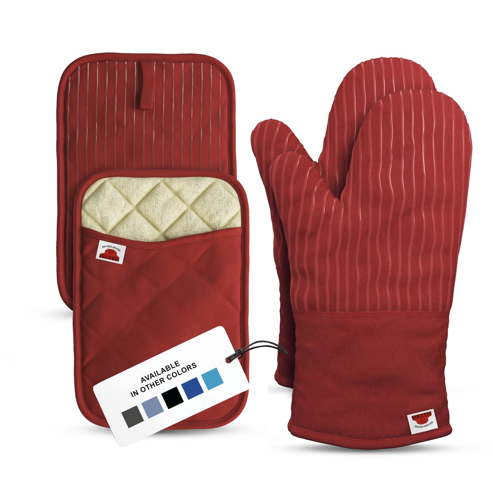 BIG RED HOUSE Oven Mitts and Pot Holders Sets, with The Heat Resistance of Silicone and Flexibility of Cotton, Recycled Cotton Infill, Terrycloth Lining, 480 F Heat Resistant Pair Red