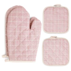 pretty jolly oven mitts and pot holders sets 4 pcs, pink oven mitt set with potholders for kitchen heat resistant, hot pads and oven mitts sets kitchen mittens home cooking baking mitts for woman