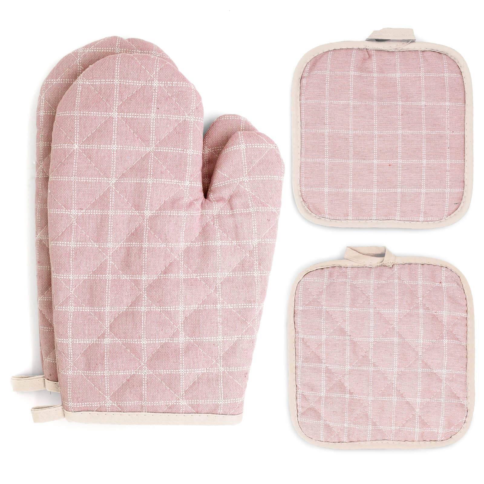 Pretty Jolly Oven Mitts and Pot Holders Sets 4 pcs, Pink Oven Mitt Set with Potholders for Kitchen Heat Resistant, Hot Pads and Oven Mitts Sets Kitchen Mittens Home Cooking Baking Mitts for Woman