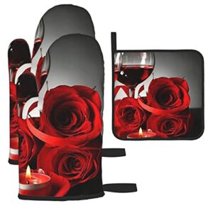 yilequan red rose wine glass and candle print oven mitts pot holders sets,kitchen glove high heat resistant 500 degree potholder,surface safe for baking, cooking, bbq,pack of 3