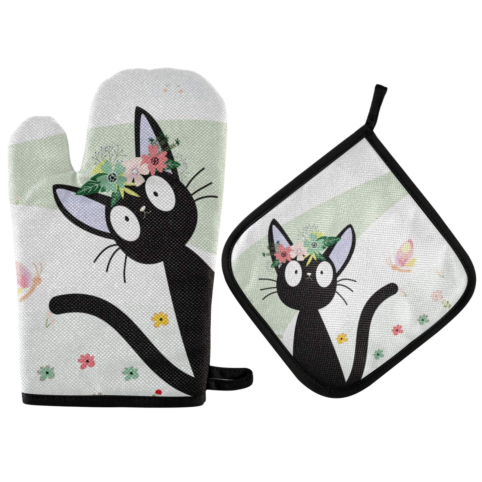 Spring Black Cat Cute Oven Mitts & Pot Holders 2pcs Summer Flower Kitty Kitchen Heat Resistant Non-Slip Potholders Set for Cooking Baking Gifts