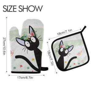 Spring Black Cat Cute Oven Mitts & Pot Holders 2pcs Summer Flower Kitty Kitchen Heat Resistant Non-Slip Potholders Set for Cooking Baking Gifts