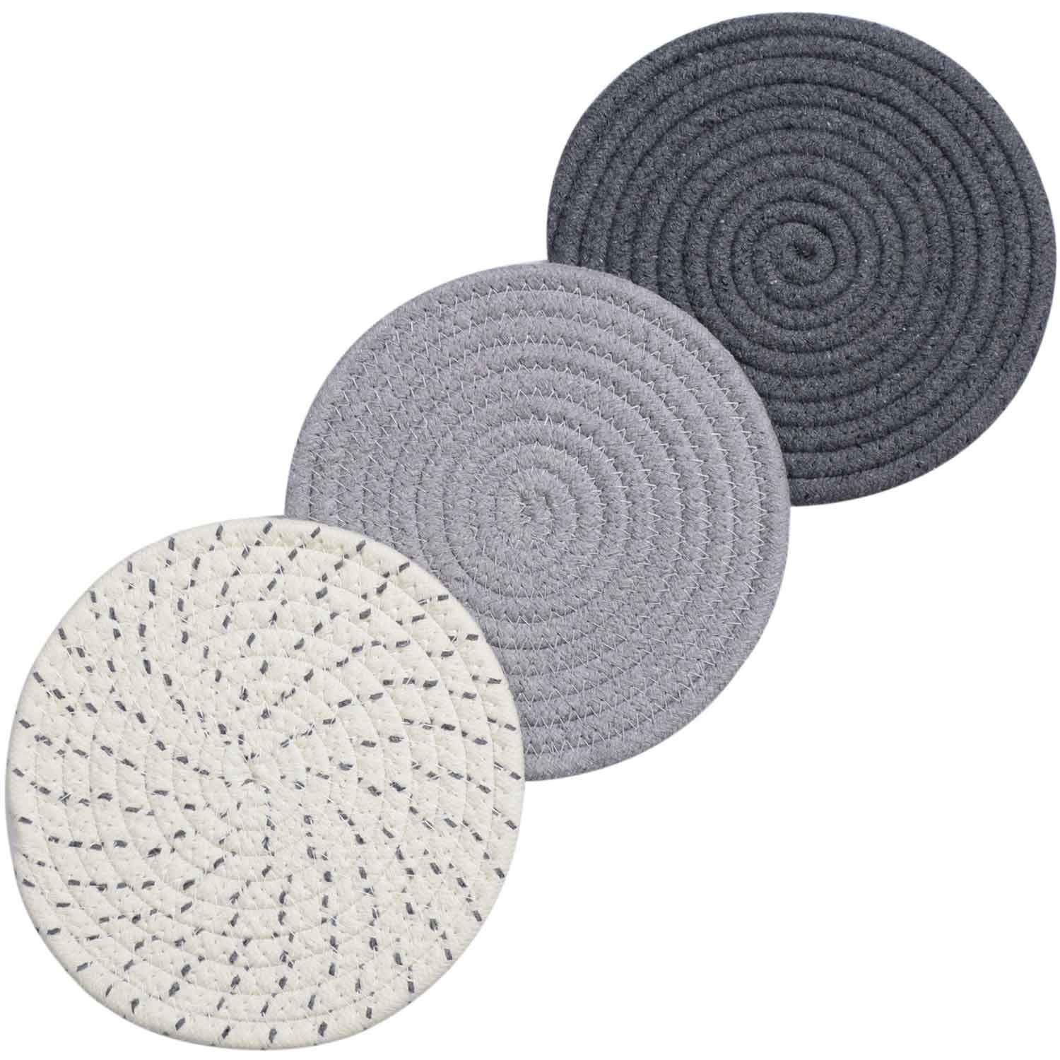 Lifaith Potholders Set Trivets Set 100% Pure Cotton Thread Weave Hot Pot Holders Set (Set of 3) Hot Pads, Hot Mats, Stylish Coasters, Spoon Rest for Bakingand Cooking, Diameter 7 Inches (Grey Set)