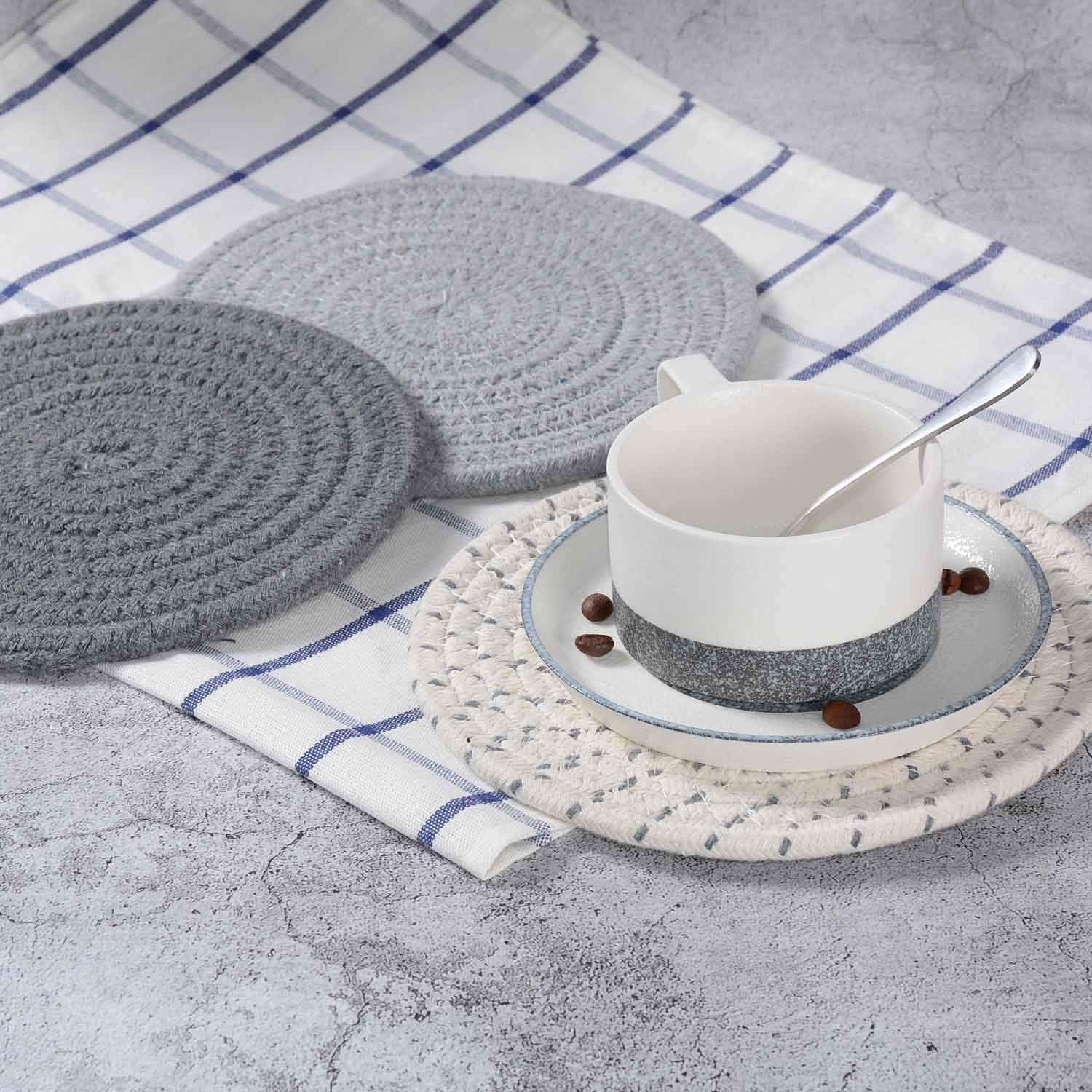 Lifaith Potholders Set Trivets Set 100% Pure Cotton Thread Weave Hot Pot Holders Set (Set of 3) Hot Pads, Hot Mats, Stylish Coasters, Spoon Rest for Bakingand Cooking, Diameter 7 Inches (Grey Set)