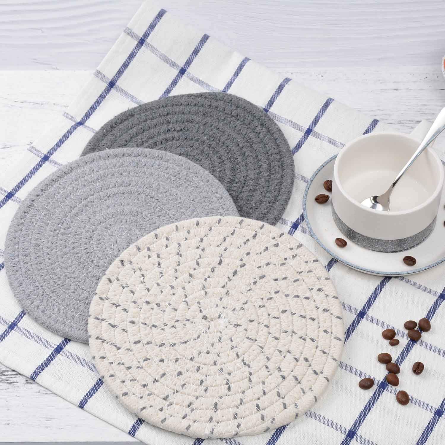 Lifaith Potholders Set Trivets Set 100% Pure Cotton Thread Weave Hot Pot Holders Set (Set of 3) Hot Pads, Hot Mats, Stylish Coasters, Spoon Rest for Bakingand Cooking, Diameter 7 Inches (Grey Set)