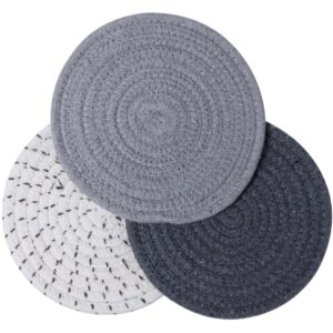 Lifaith Potholders Set Trivets Set 100% Pure Cotton Thread Weave Hot Pot Holders Set (Set of 3) Hot Pads, Hot Mats, Stylish Coasters, Spoon Rest for Bakingand Cooking, Diameter 7 Inches (Grey Set)