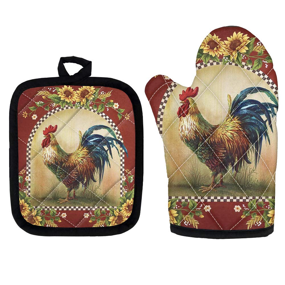 JEOCODY Sunflower and Rooster Kitchen Accessories,Oven Mitt and Pot Holder 2 Pcs Set Cooking Protector Oven Gloves and Potholder Square Mat for Baking, BBQ,Farmhouse,Restaurant Travel