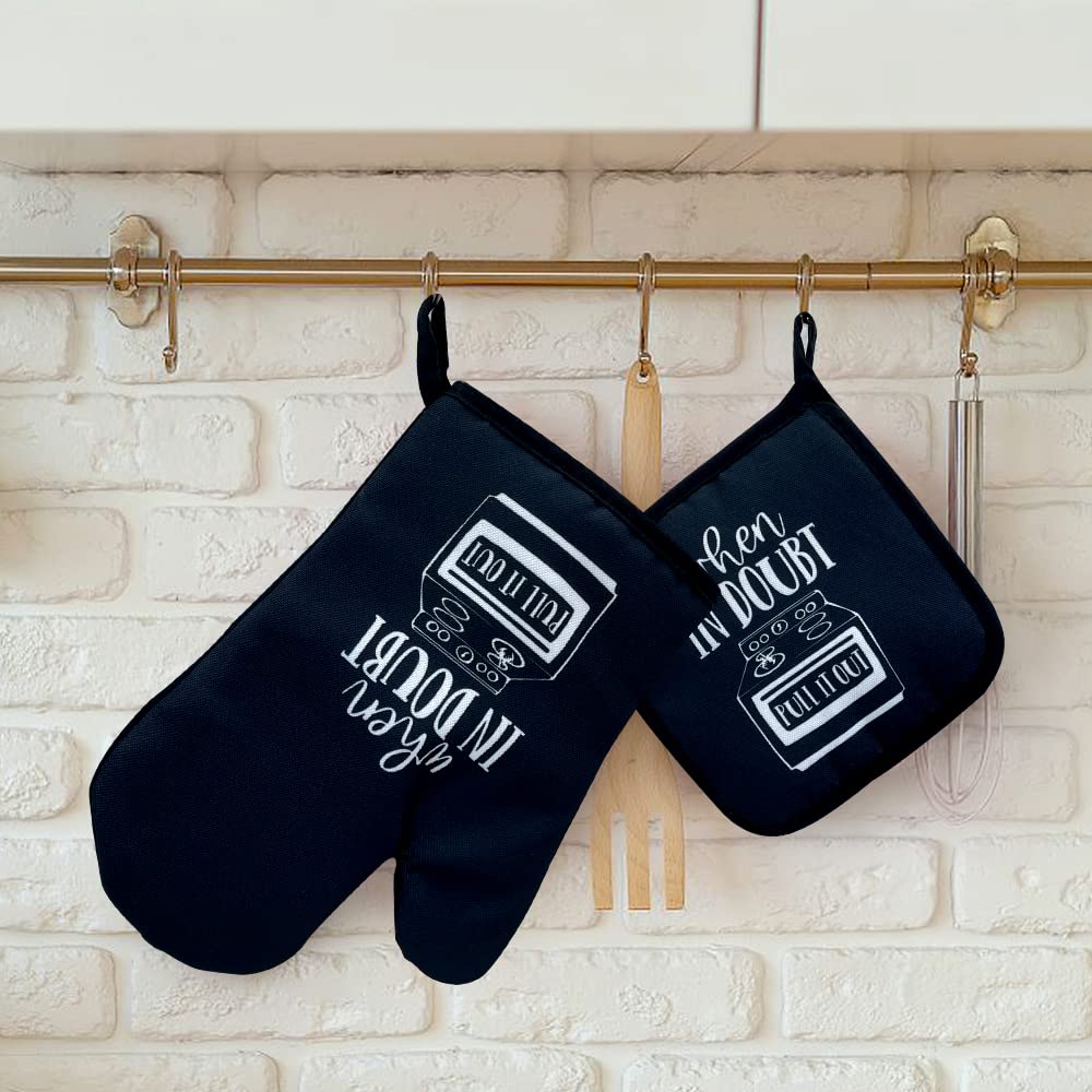 When in Doubt Pull It Out,Oven Mitts and Pot Holders Sets of 2，Funny Oven Mitt，Silicone Non-Slip Oven Mitts,Cute Housewarming Gift,Perfect for Kitchen,Cooking,Baking,Grilling