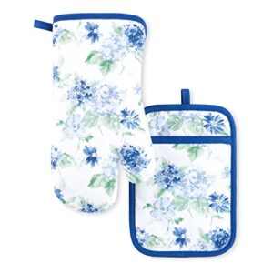 martha stewart amber floral oven mitt & pot holder set 2-pack, blue/green, om: 7"x13" & ph: 7"x10"