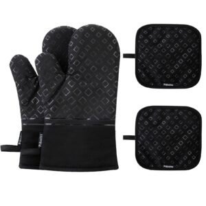 piduules set of 4 oven mitts and pot holders, 482 f heat resistant hot plate moving non-slip gloves for bbq, grill, baking, cooking, oven, microwave (black)