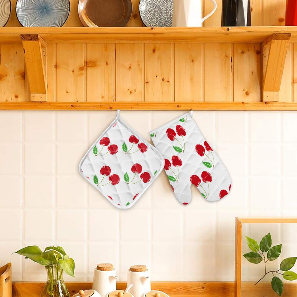 Chic Decor Home Set of Oven Mitt and Pot Holder Sweet Red Cherry Kitchen Mittens Heat Resistance Non-Slip Surface for Kitchen BBQ Cooking Baking Grilling,Cartoon Fruit