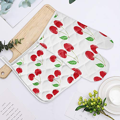 Chic Decor Home Set of Oven Mitt and Pot Holder Sweet Red Cherry Kitchen Mittens Heat Resistance Non-Slip Surface for Kitchen BBQ Cooking Baking Grilling,Cartoon Fruit