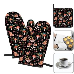 Snail Mushroom Oven Mitts Gloves with Pot Holders Sets, 3 Pack Heat Resistant 480 ℉ Non Slip Cotton Lining Kitchen Women Men Cooking Barbecue Microwave Animal Oven Mitts