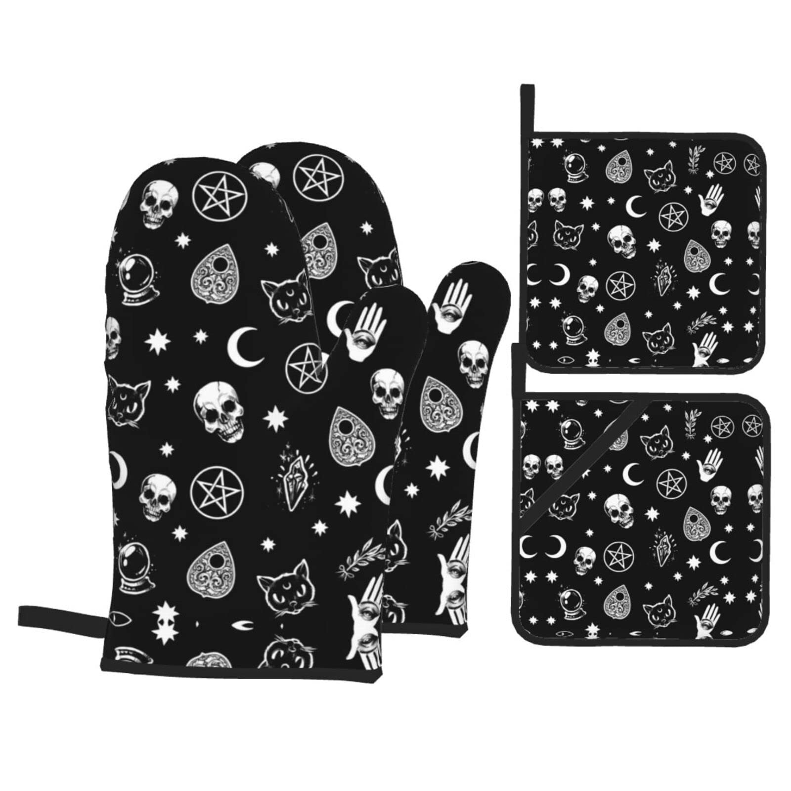 Halloween Goth Skull Oven Mitts and Pot Holders Heat Resistant Non-Slip Potholders Oven Gloves and Pad for Baking Cooking Kitchen Grilling BBQ Gifts Sets of 4