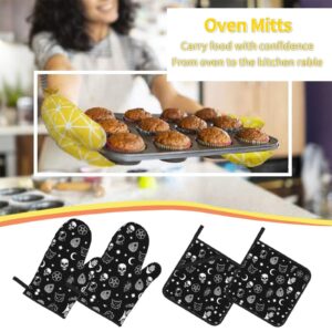 Halloween Goth Skull Oven Mitts and Pot Holders Heat Resistant Non-Slip Potholders Oven Gloves and Pad for Baking Cooking Kitchen Grilling BBQ Gifts Sets of 4