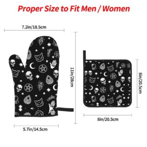 Halloween Goth Skull Oven Mitts and Pot Holders Heat Resistant Non-Slip Potholders Oven Gloves and Pad for Baking Cooking Kitchen Grilling BBQ Gifts Sets of 4