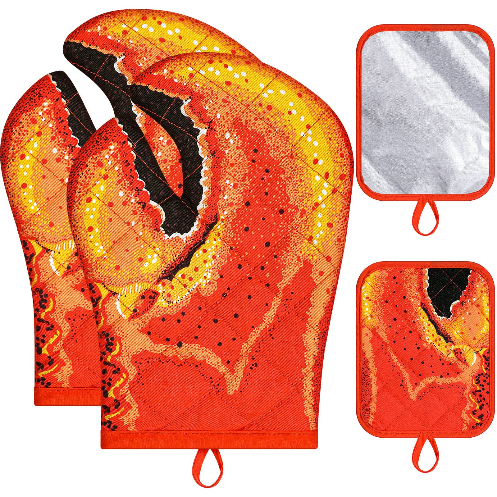 4 Pcs Lobster Claw Oven Mitts and Pot Holders Quilted Cotton Lining Design Heat Resistant Oven Gloves Set with Poth Holder Microwave Gloves Safe for Baking Cooking Barbecue