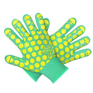 j h heat resistant oven gloves: en407 certified 932 °f, bluish green shell with yellow silicone coating, bbq & oven mitts for cooking, kitchen, fireplace, smoking, grilling, baking, women fits all