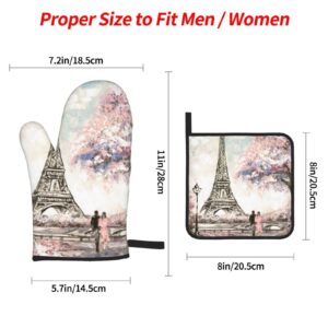 Paris Eiffel Tower Oven Mitts and Pot Holders Set of 4, Oven Mittens and Potholders Heat Resistant Gloves for Kitchen Cooking Baking Grilling BBQ