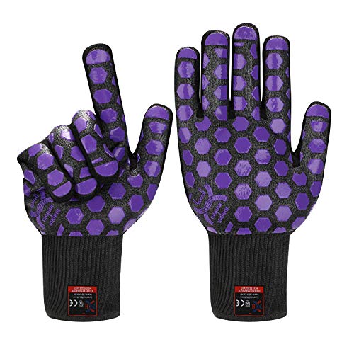 J H Heat Resistant Oven Glove:EN407 Certified 932 °F, 2 Layers Silicone Coating, Oven Mitts for Cooking, Kitchen, Fireplace, Grilling, 1 Pair (Regular Cuff, Black Shell with Purple)