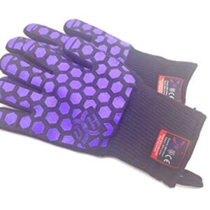 J H Heat Resistant Oven Glove:EN407 Certified 932 °F, 2 Layers Silicone Coating, Oven Mitts for Cooking, Kitchen, Fireplace, Grilling, 1 Pair (Regular Cuff, Black Shell with Purple)